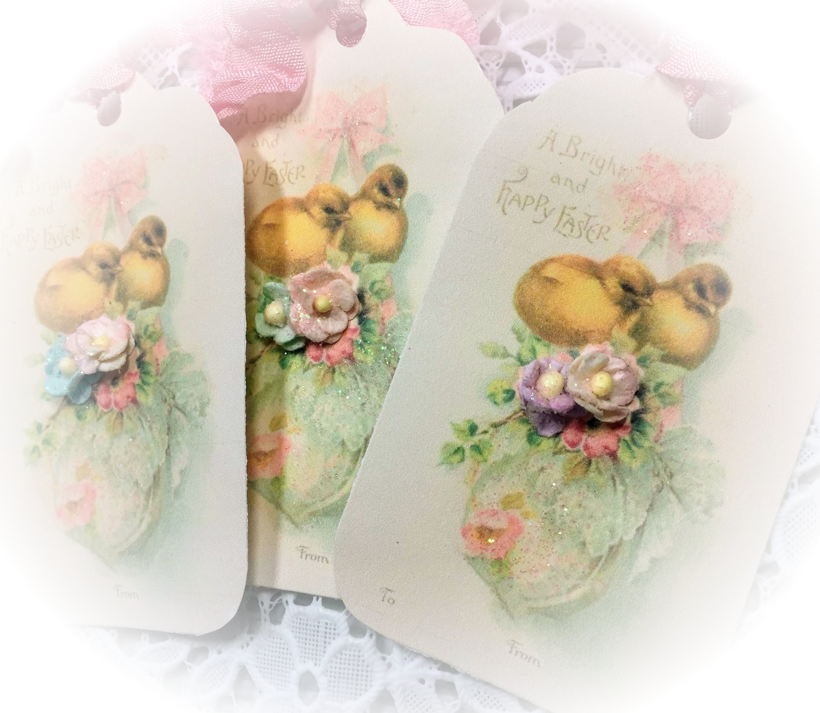 6 Vintage Easter Handmade Gift Bag Tags/cards & Vintage Ribbons Retro ...