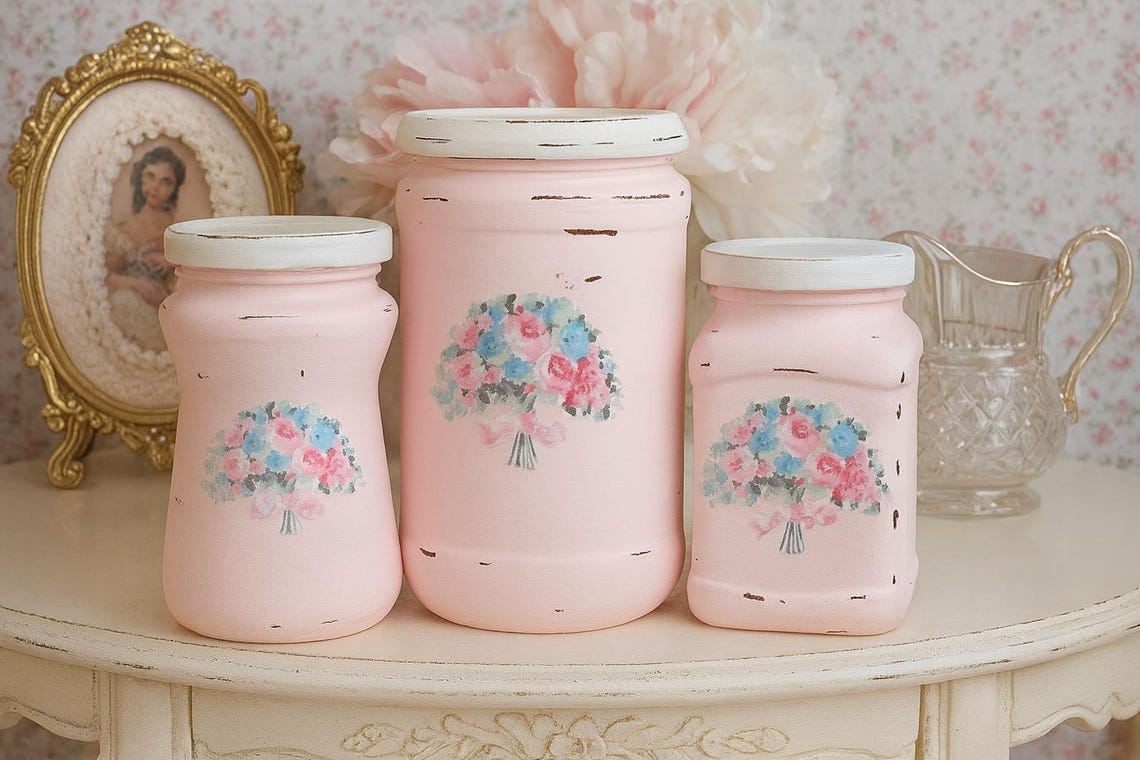 3 Shabby Chic Pink Vintage Glass Jars Canisters Decoupage Flower Floral ...