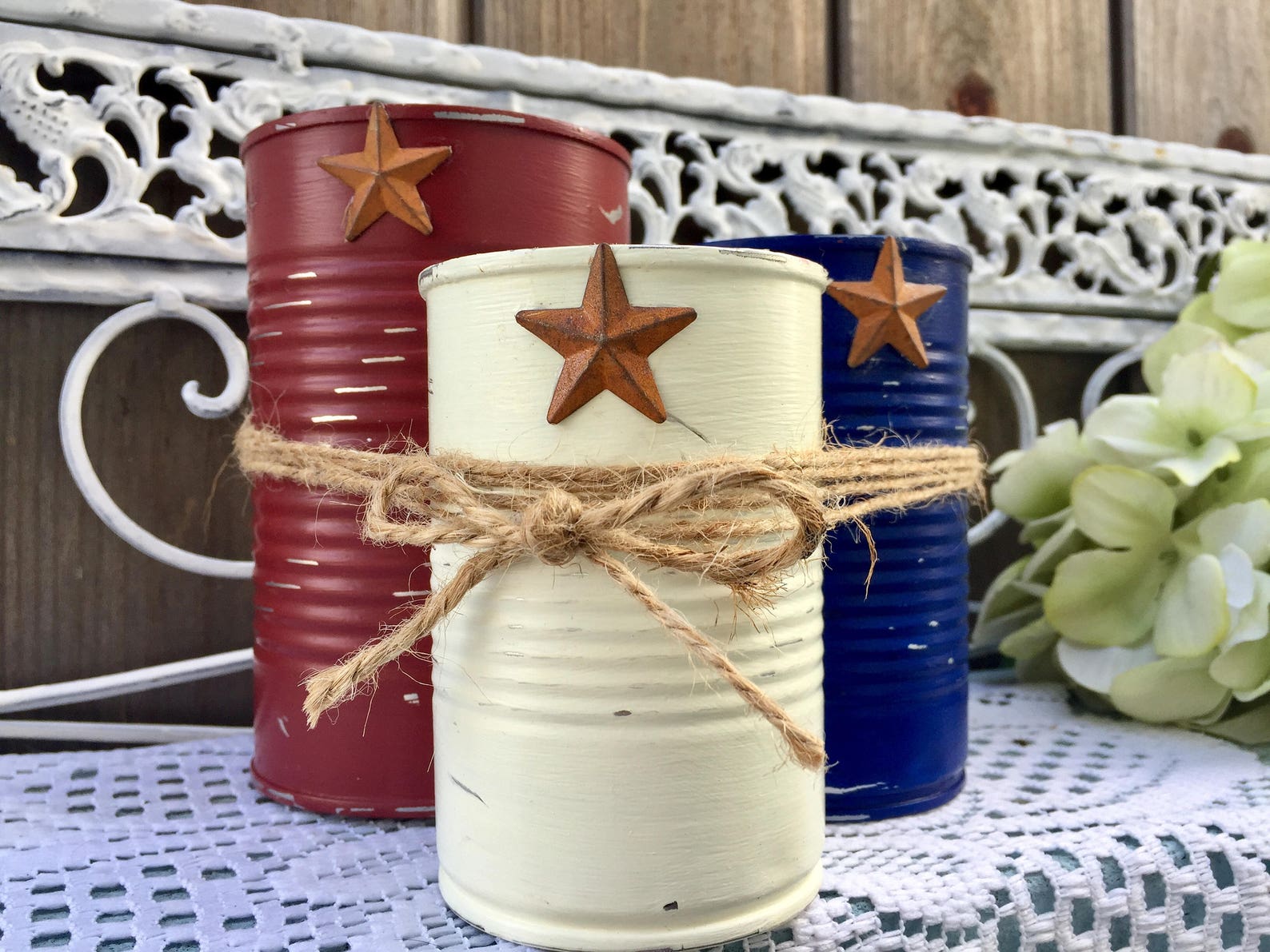 3 Rustic Americana Farmhouse Painted Tin Can Caddy Set Rusty Star ...