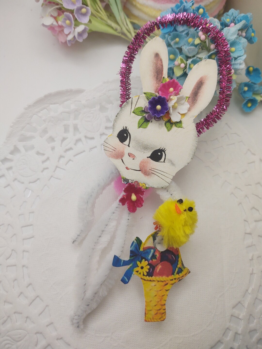 Easter Bunny Chenille Vintage Style Ornament Decoration - Rabbit Spring ...