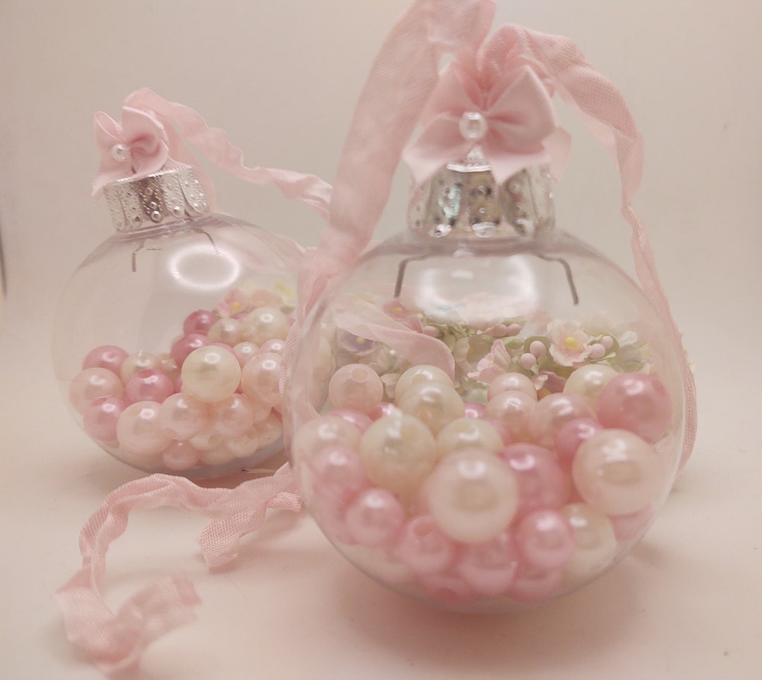 2 PINK Shabby Chic CHRISTMAS Tree Ornaments - Clear Shatterproof Filled ...