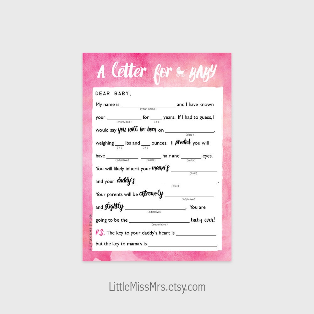 Dear Baby Printable Baby Shower Mad-lib Game A Letter to Baby // Pink ...