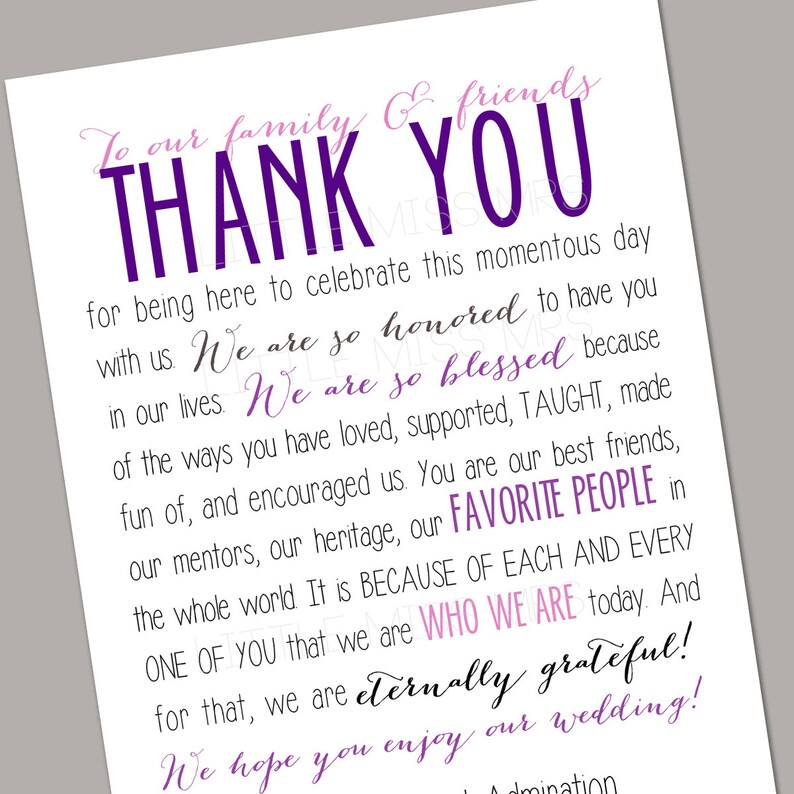 Printable Wedding Reception Thank You Note / Table Notes With Menu on ...