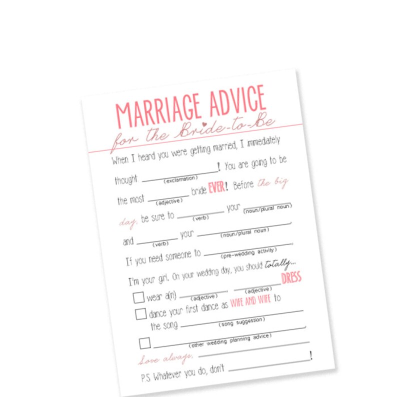 Same Sex Printable Mad Lib Bridal Shower Game Pink Goldbrown Or 1126