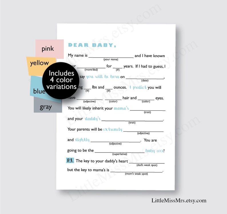 Dear Baby Printable Baby Shower Mad-lib Game A Letter to Baby Four ...
