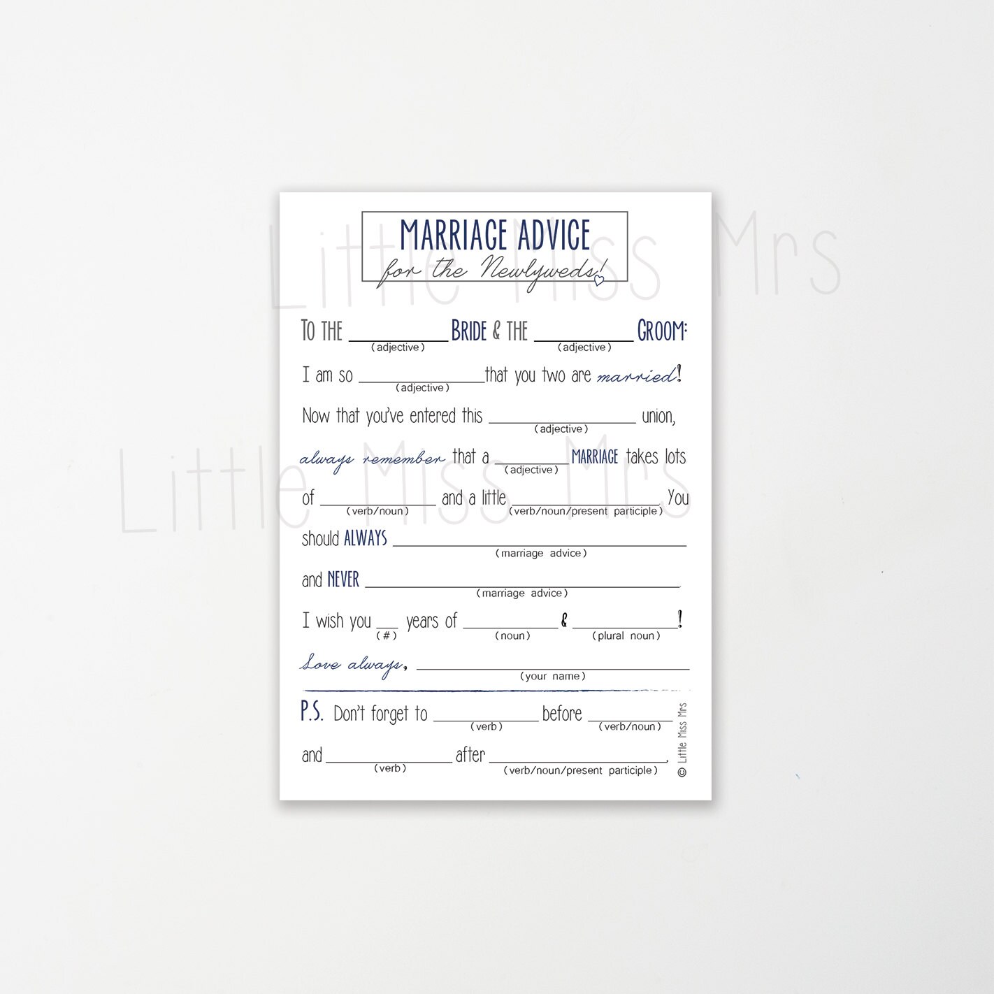 Printable Mad Lib Wedding Advice Cards Navy Pink Coral Or Golden
