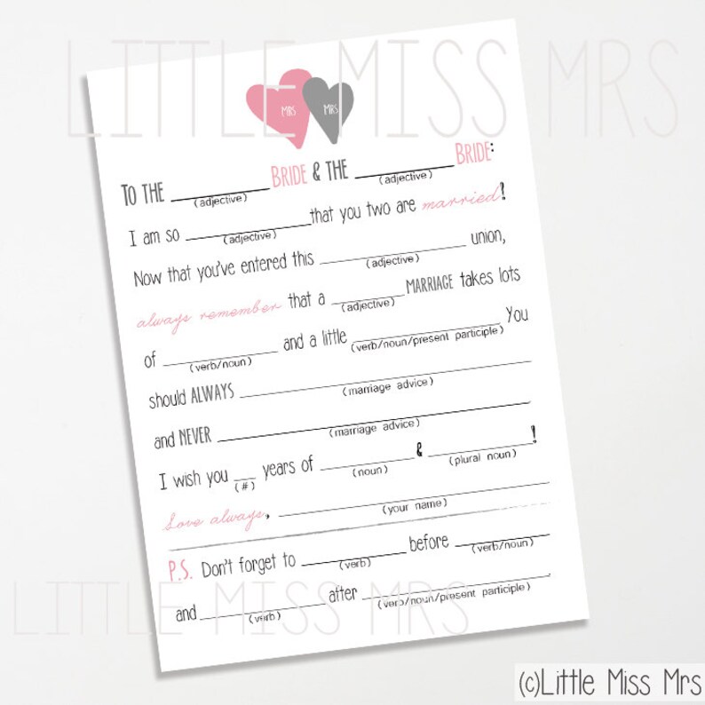 Same Sex Couple Printable Mad Lib Wedding Advice Cards In Navy