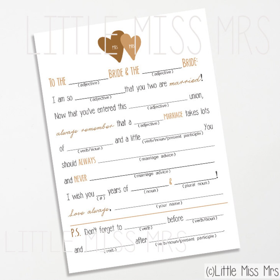 Same Sex Couple Printable Mad Lib Wedding Advice Cards In Navy