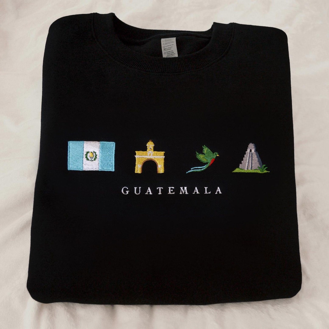 Guatemala Symbol Embroidery Sweatshirt, Cozy, Black, Quetzal, Tikal ...