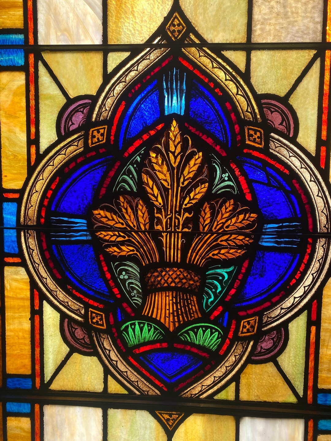 Golden Wheat- Antique Authentic Stained Glass - Vibrant Blue, Red ...