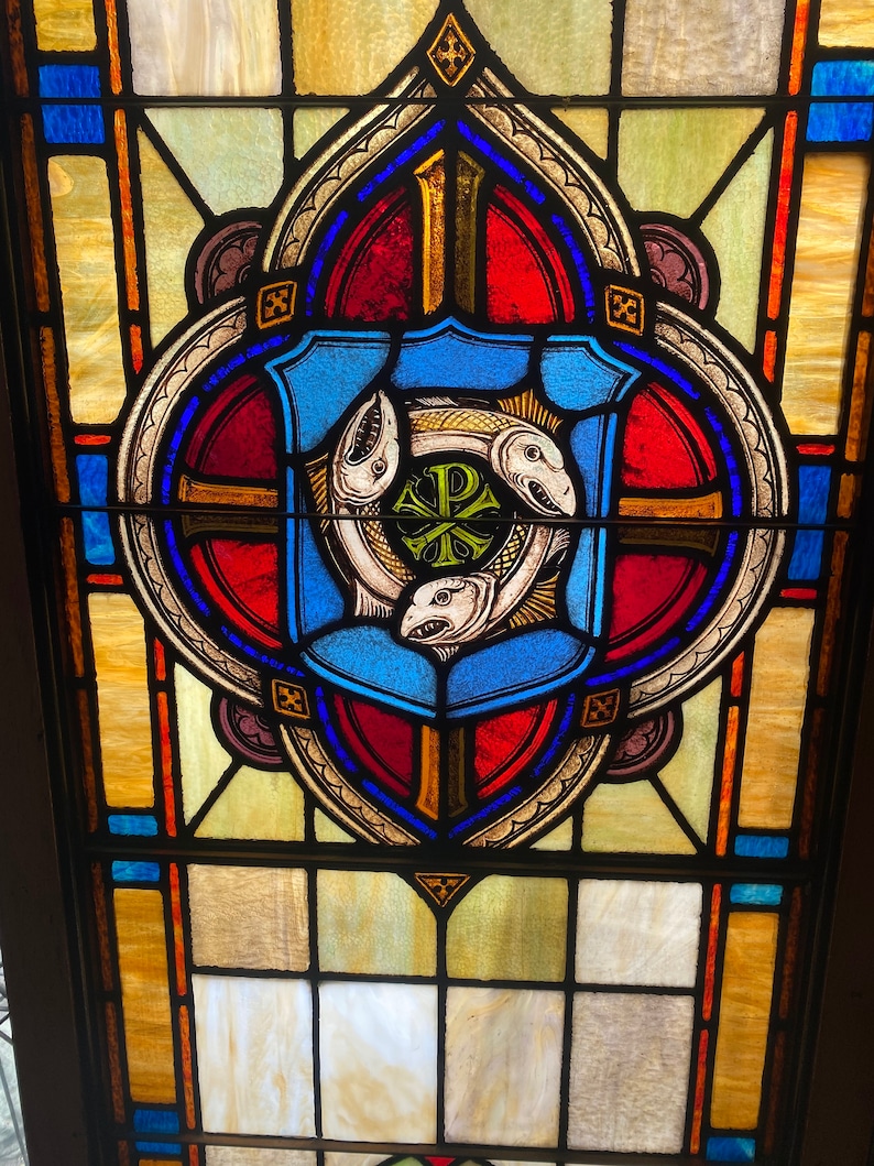 Exotic & Different Fish Stained Glass Window - Antique Authentic Piece ...