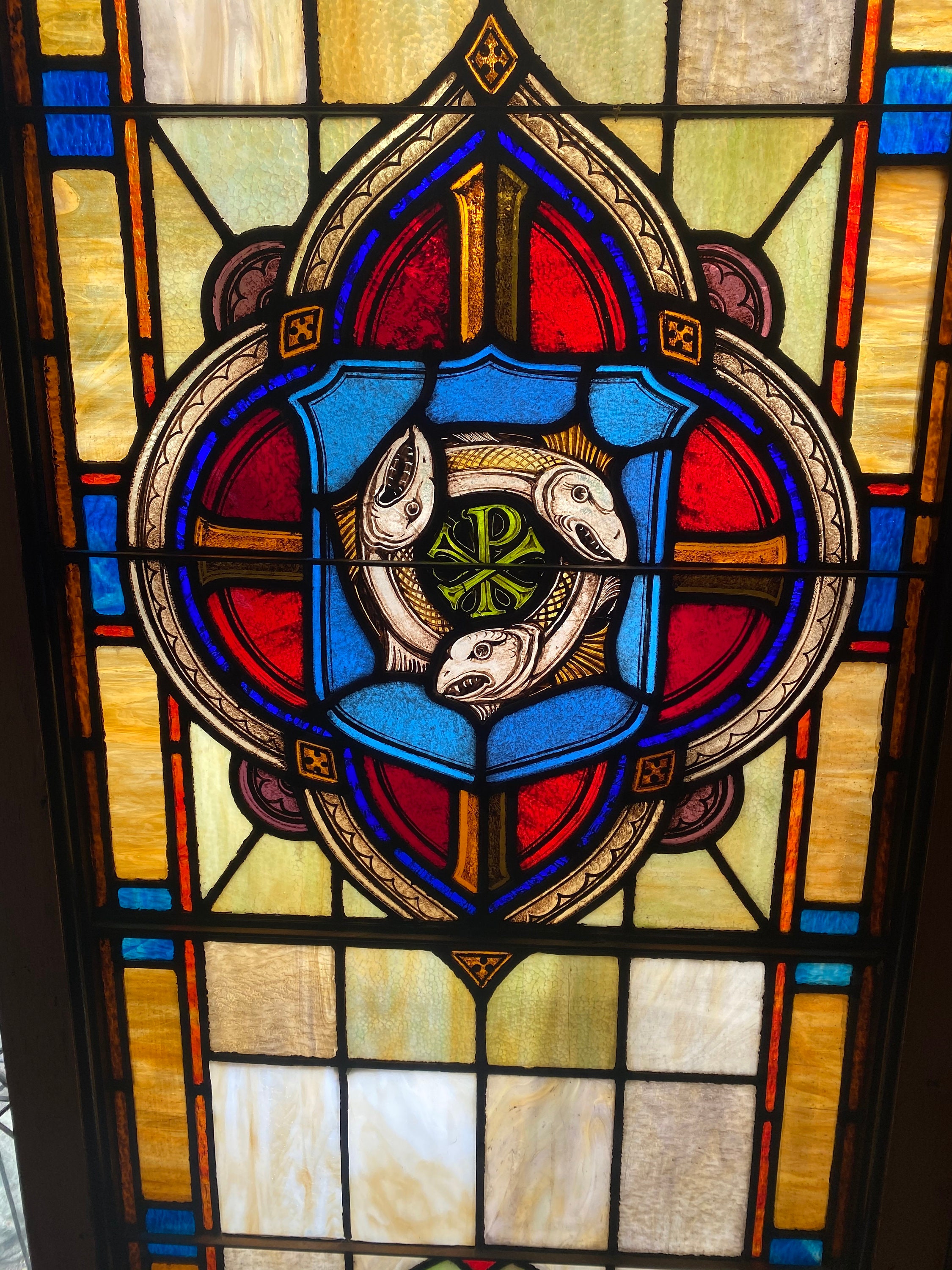 Exotic & Different Fish Stained Glass Window Antique Authentic Piece ...