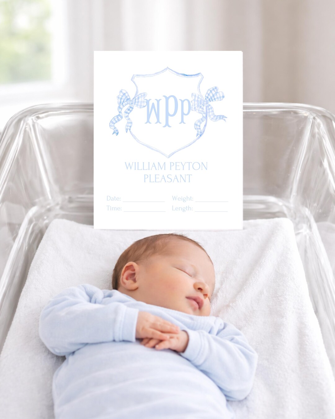 Hospital Sign Baby Boy Birth Announcement Blue Monogram Crest Newborn ...