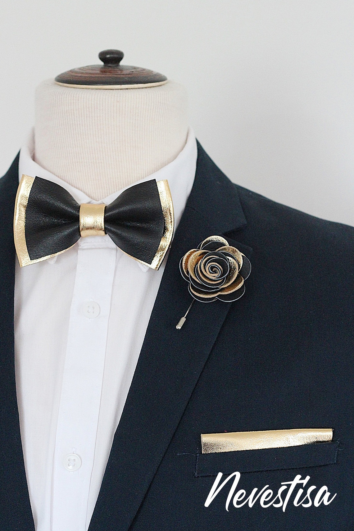 Black and Gold Mens Leather Bow Tie for Men Gold Wedding Bow - Etsy