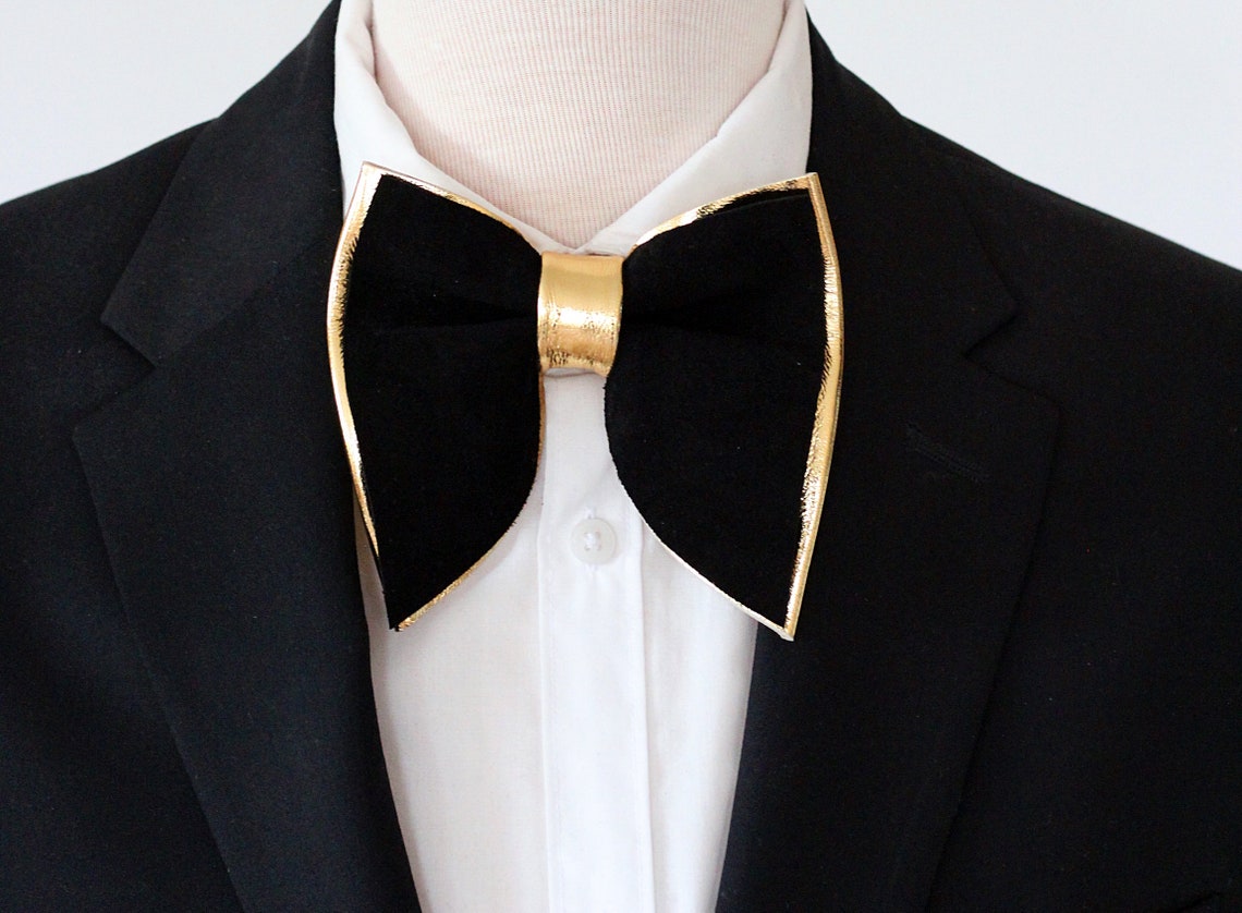 Black Suede and Gold Mens Big Oversized Bow Tie, Butterfly Wedding Bow ...
