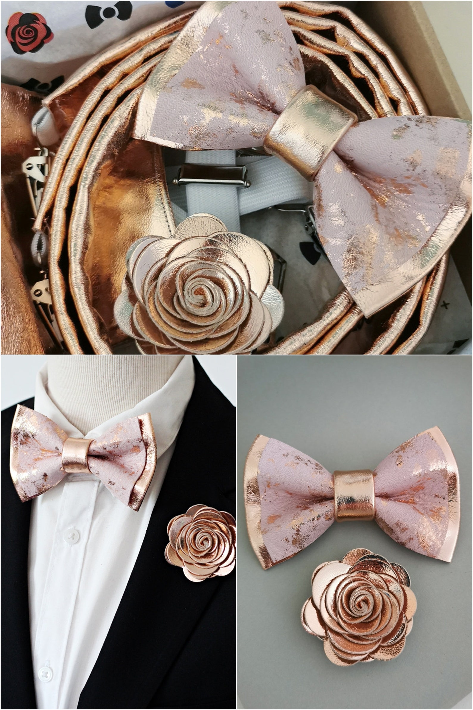 Mens Copper Bow Tie Boutonniere Set, Rose Gold Bow Tie for Men, Sequin ...