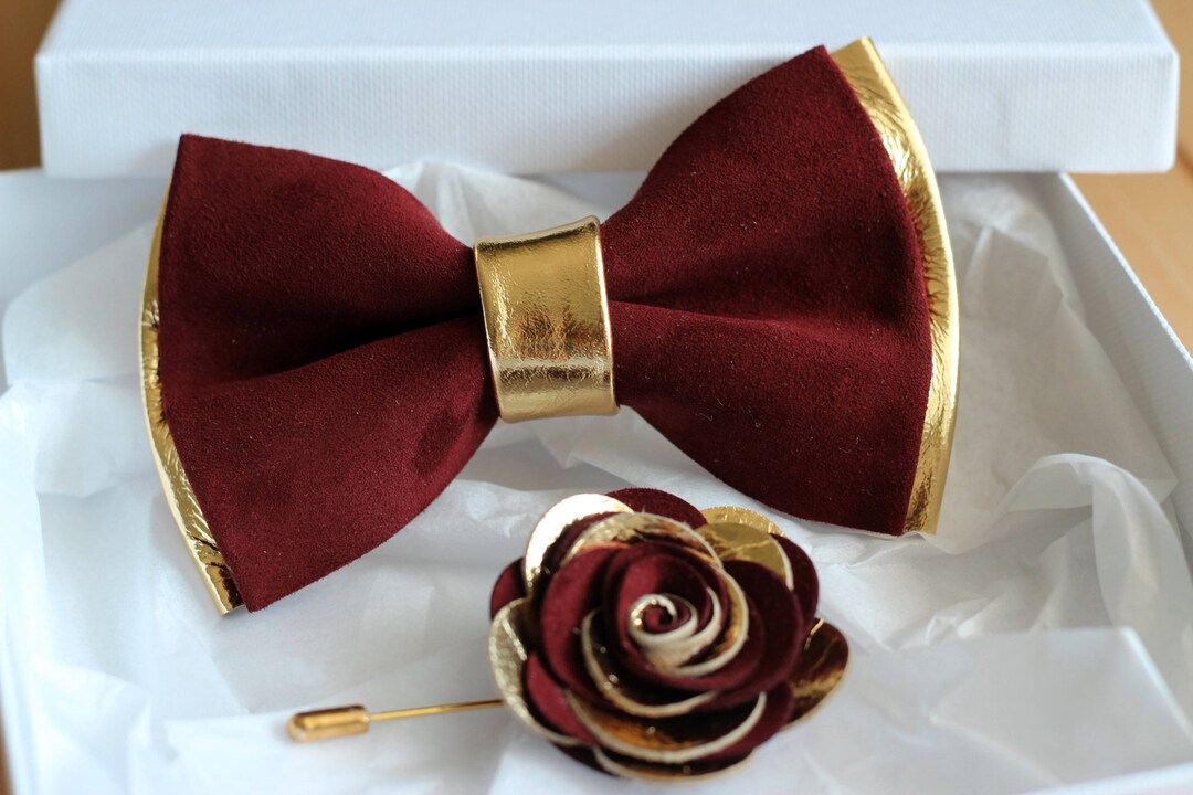 Gold Burgundy Genuine Leather Bow Tie for Men Gold Wedding Bow Tie,wedding Boutonniere Burgundy ...