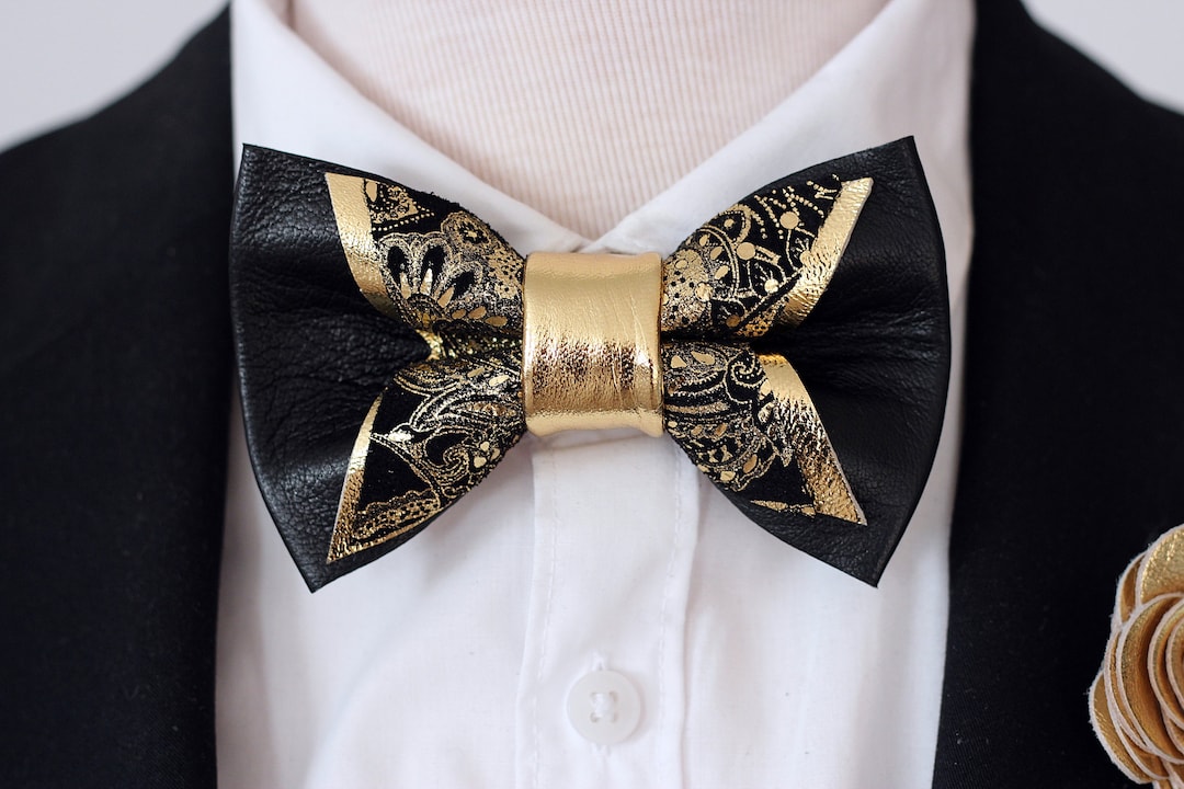 Black and Gold Mens Bow Tie for Men, Wedding Bow Tie Set Leather Bowtie, Gold Paisley Bow Tie ...