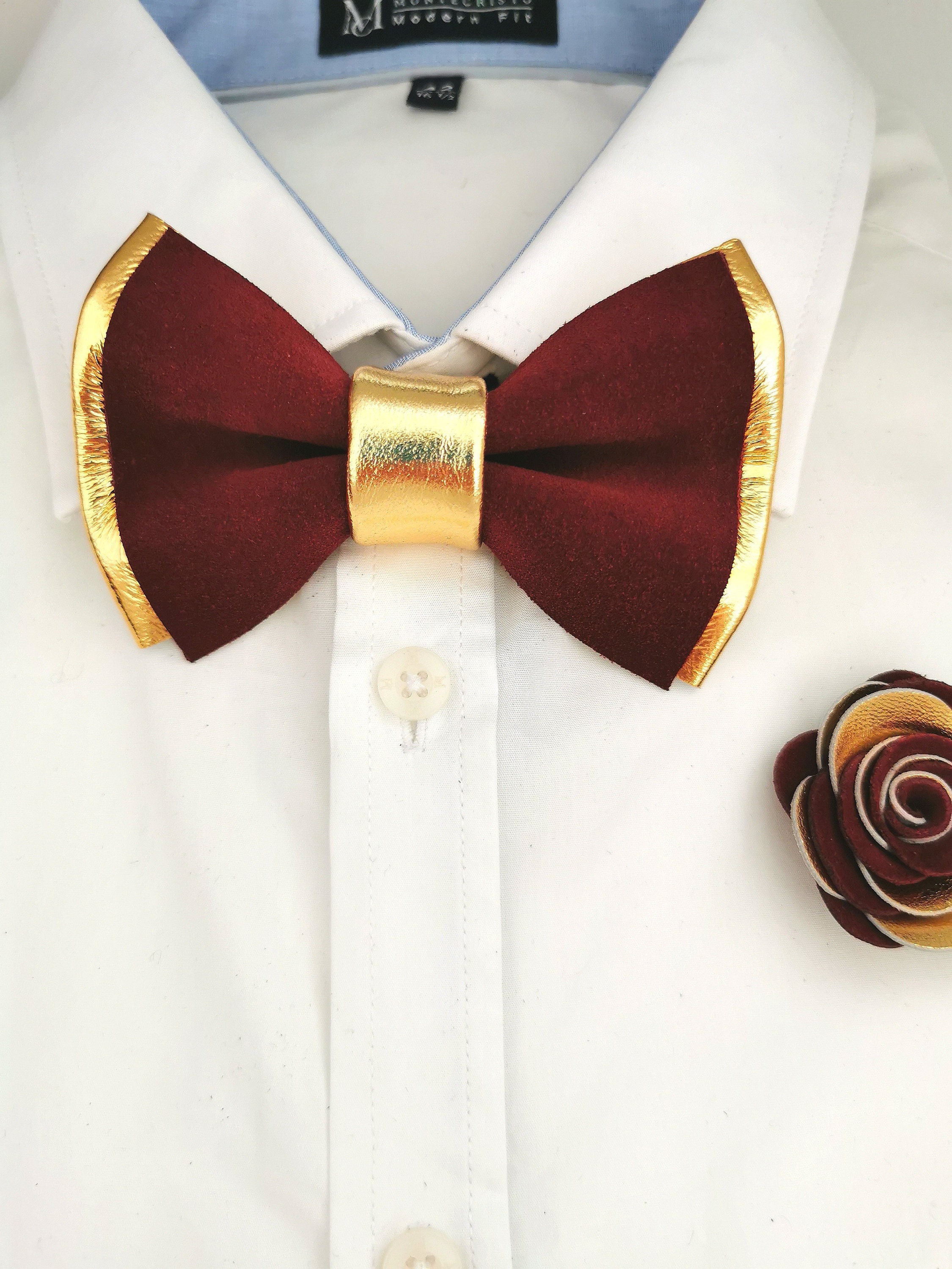 Gold and Burgundy Bow Tie Set for Men, Gold Wedding Bow Tie Wedding ...