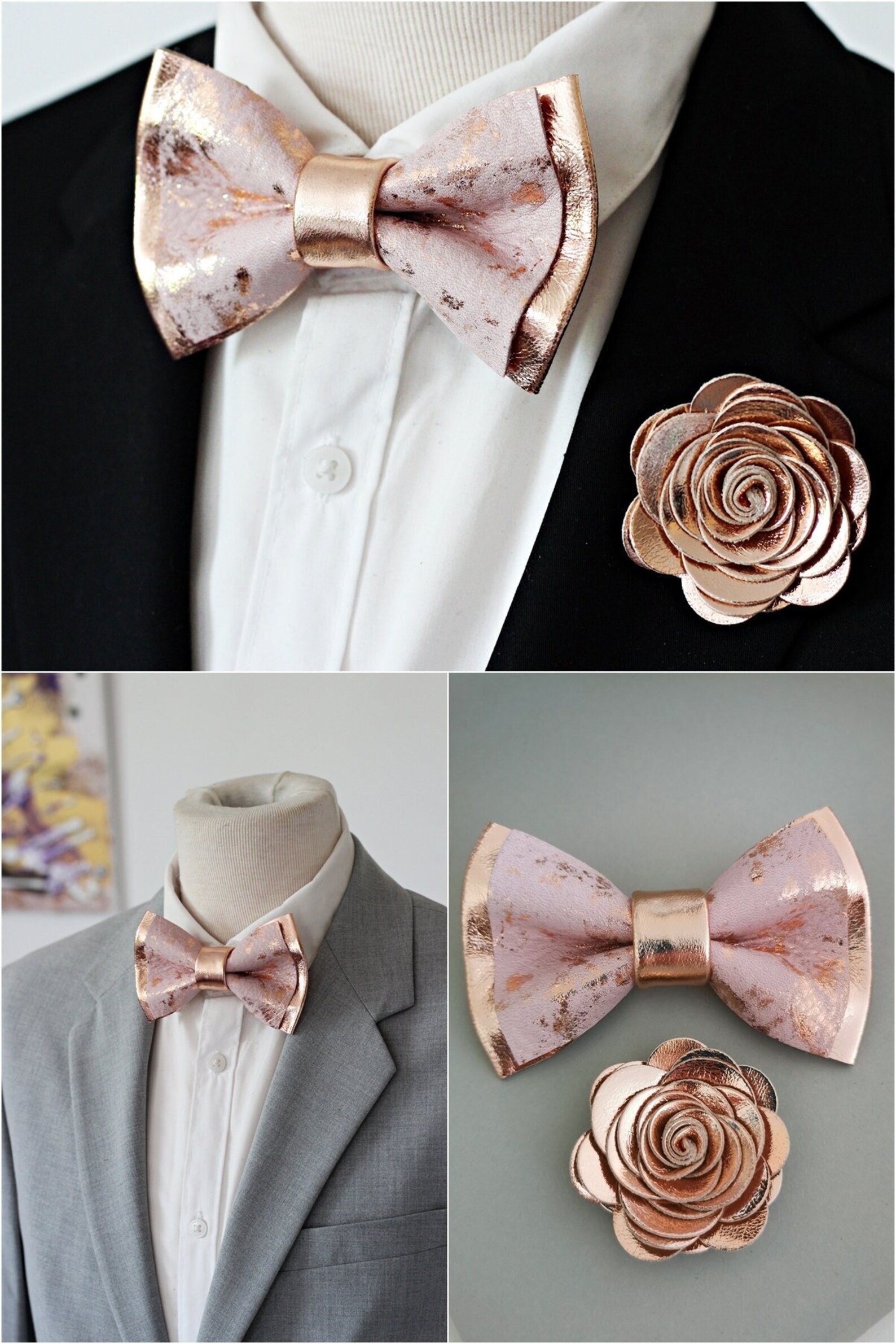 Mens Copper Bow Tie Boutonniere Set, Rose Gold Bow Tie for Men, Sequin ...