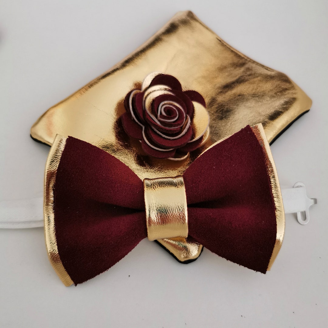 Gold and Burgundy Bow Tie Set for Men, Gold Wedding Bow Tie Wedding ...