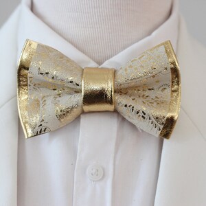 Ivory and Gold Mens Leather Bow Tie for Men,ivory Wedding Bow Tie Set ...