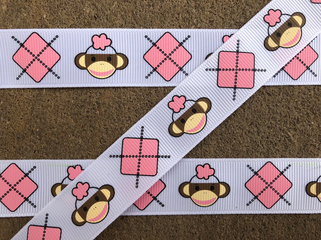 3 Yards 7/8" Monkey Ribbon Silly Monkey Ribbon Pink and Brown Printed ...