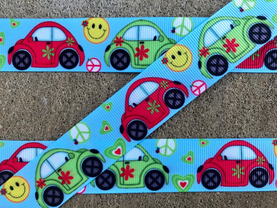 3 Yards 1" Car Ribbon Printed Ribbon Peace Sign Ribbon Blue Grosgrain ...