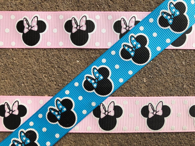 3 yards 7/8 Minnie Mouse Ribbon Blue Printed Ribbon Pink | Etsy