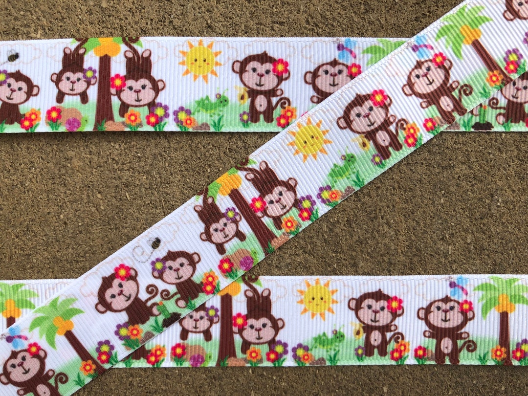 3 Yards 7/8" Monkey Ribbon Palm Monkey Ribbon Printed Grosgrain Ribbon ...