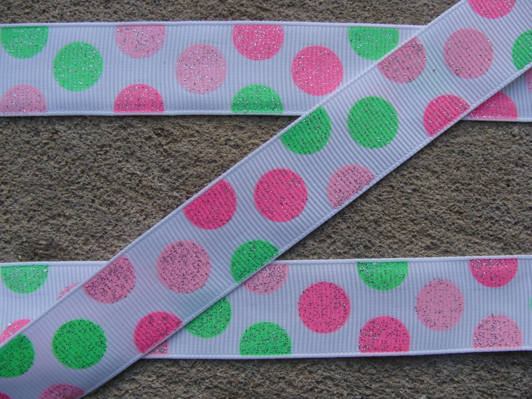 3 Yards Glittery Pink, Light Pink, Hot Pink, Green Dots Glittery Ribbon ...