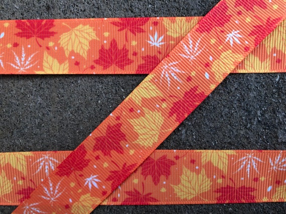 3 yards 7/8 Orange ribbon with leaves Fall ribbon Leaf | Etsy