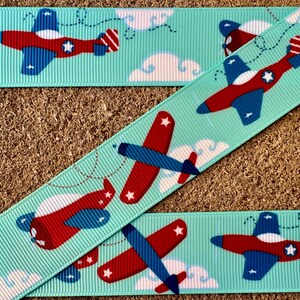 3 Yards 1" Airplane Ribbon Plane Ribbon Red Plane Ribbon Aqua Blue Sky ...