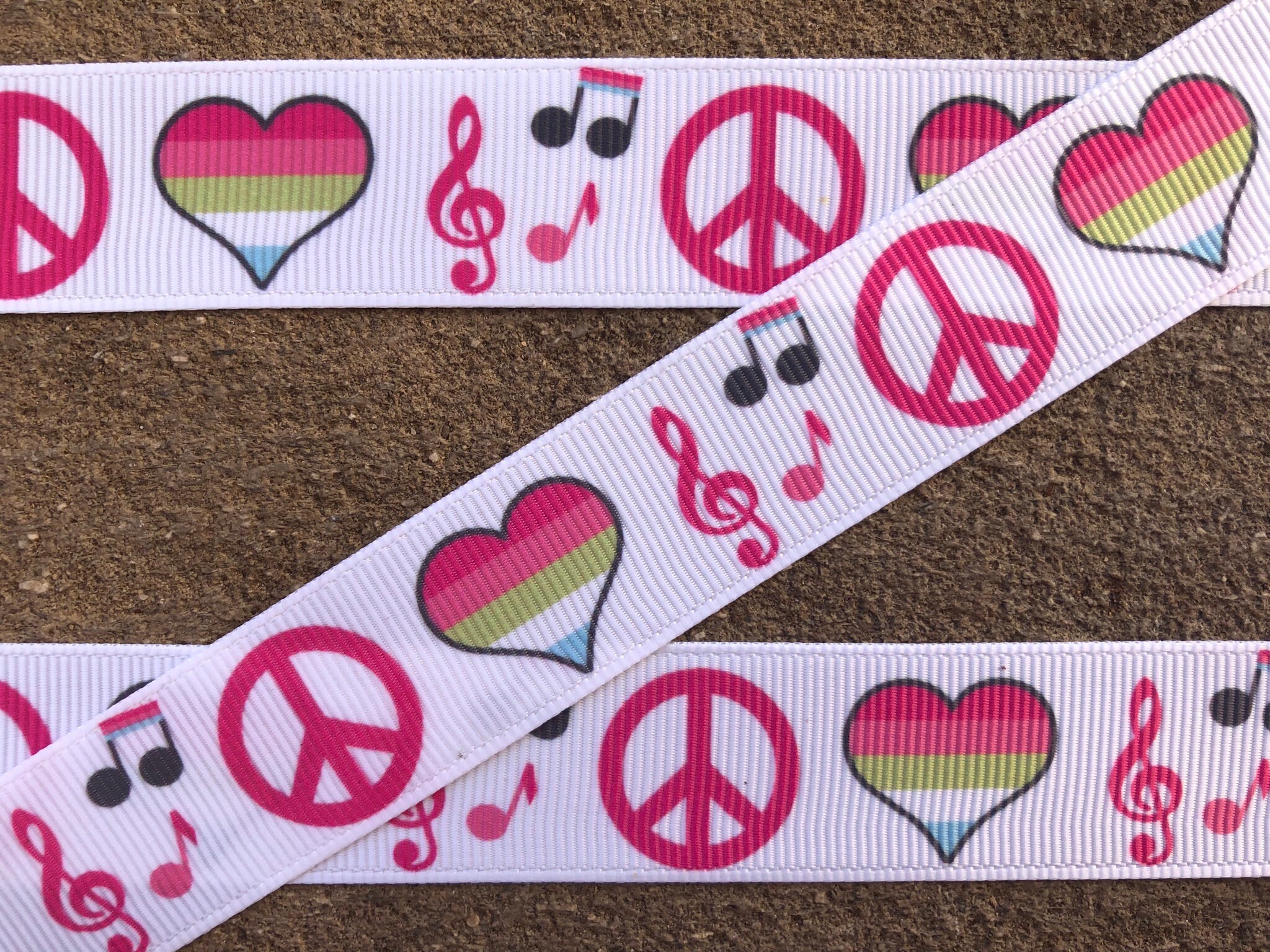 3 Yards 7/8" School Ribbon Peace Sign Ribbon Peace Heart Music Printed ...