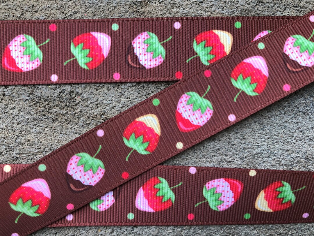 3 Yards 7/8" Chocolate Strawberry Ribbon Pink Strawberry Ribbon Summer ...