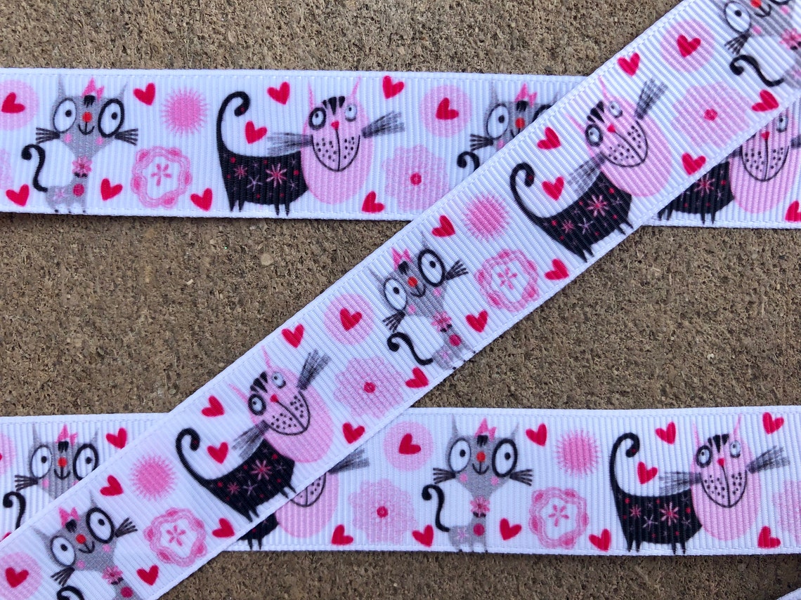 3 yards 7/8 ribbon with cats pink and black cat gray cat | Etsy