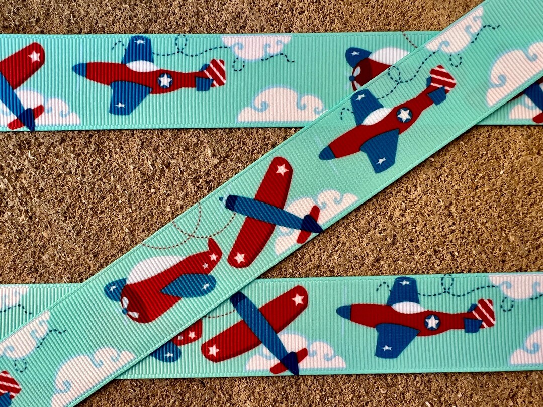 3 Yards 1" Airplane Ribbon Plane Ribbon Red Plane Ribbon Aqua Blue Sky ...