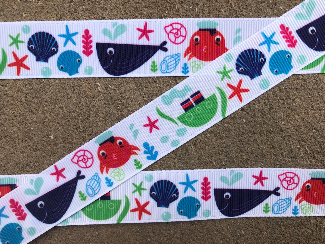 3 Yards 7/8" Ribbon With Whale Crab and Ship Ocean Shell Grosgrain ...