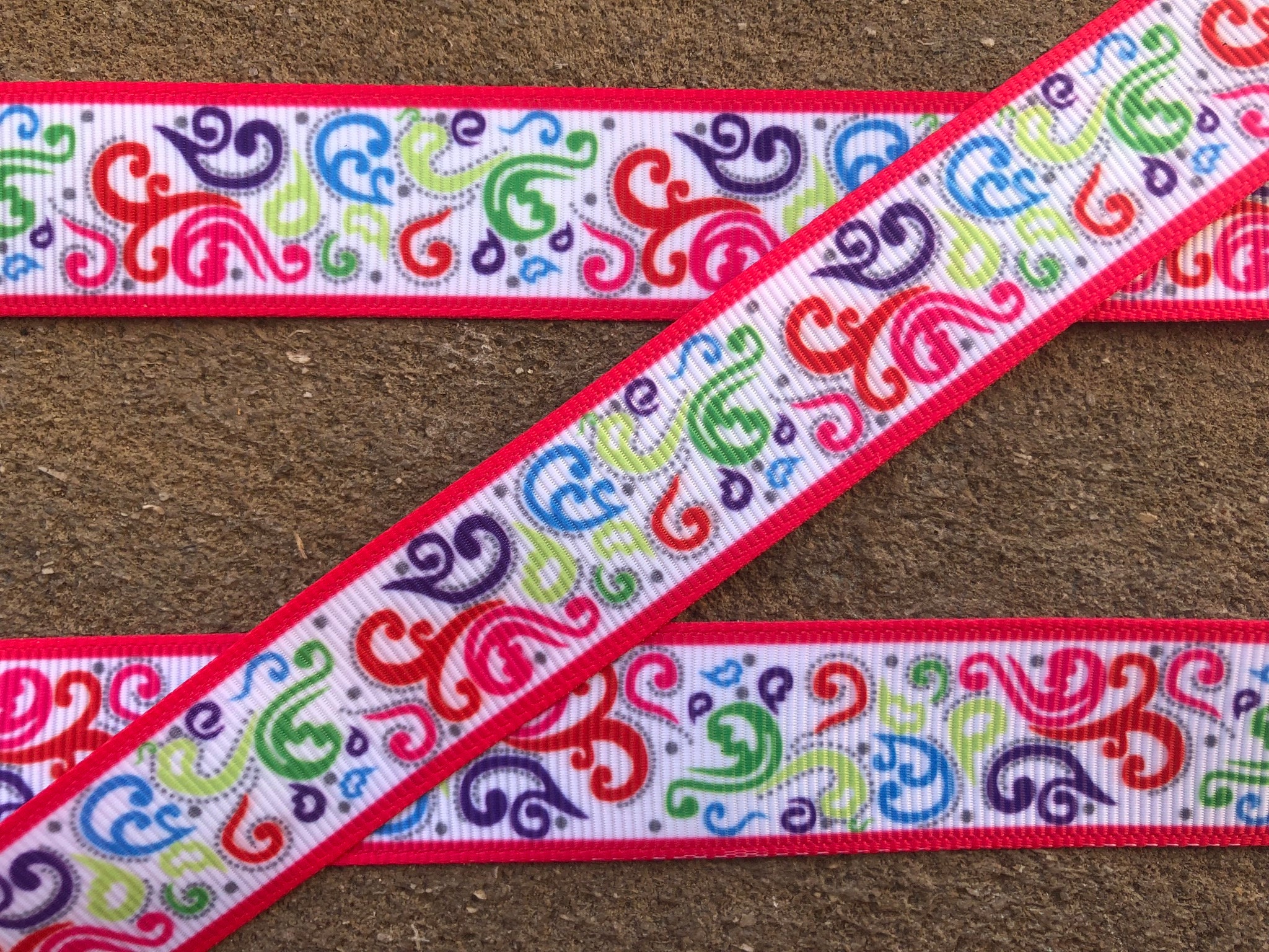 3 Yards 7/8" Flower Ribbon Pink and Green Ribbon Rainbow Grosgrain ...