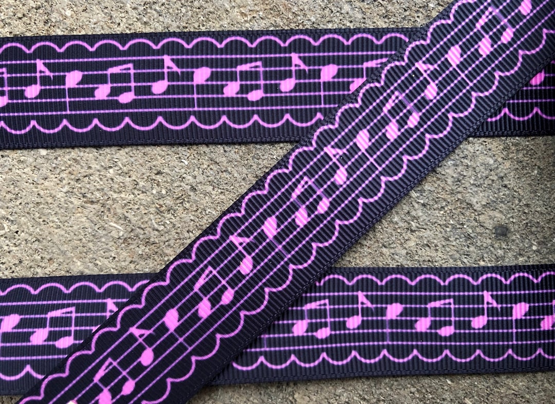 3 Yards 7/8" Black Ribbon With Pink Music Notes Printed Grosgrain ...