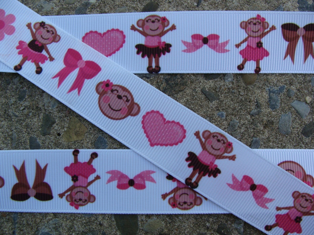 Ballerina Monkey Ribbon Printed Grossgrain Ribbon 1" 3 Yards Pink and ...