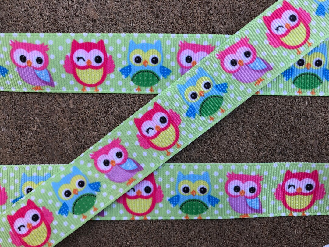 3 Yards 7/8" Green Ribbon With Owls Printed Ribbon Birthday Owl Ribbon ...