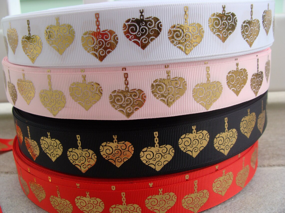 1' Gold Heart Ribbon Valentine Ribbon Printed Ribbon 3 | Etsy