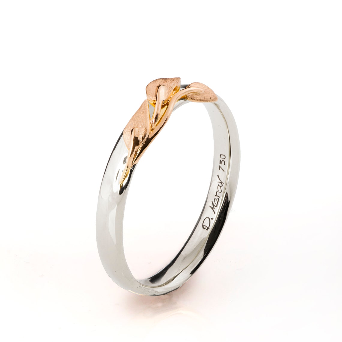 Two Tone Leaves Ring, Leaf Wedding Band, 18K Rose Gold Ring, Mens Ring ...