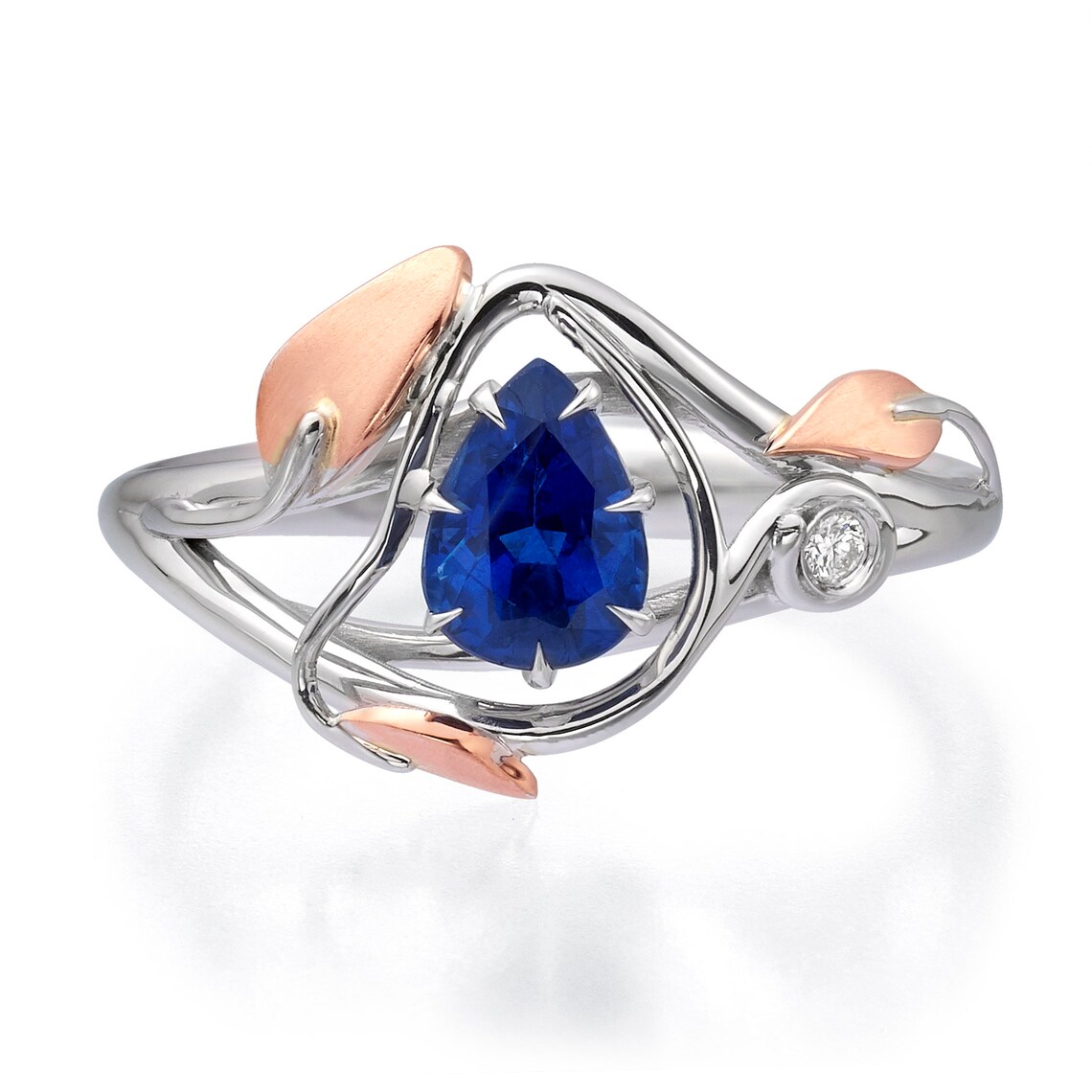 Sapphire Engagement Ring, Leaves Sapphire Ring, Two Tone Sapphire Ring ...