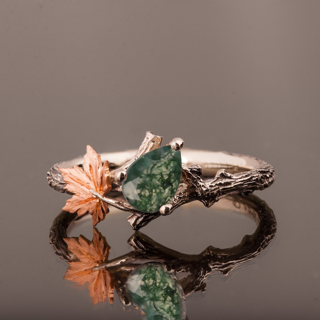 18k Gold Twig and Leaf Moss Agate Engagement Ring - Etsy