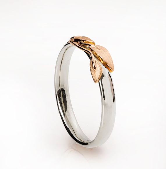 Two Tone Leaves Ring Leaf Wedding Band 18K Rose Gold Ring | Etsy