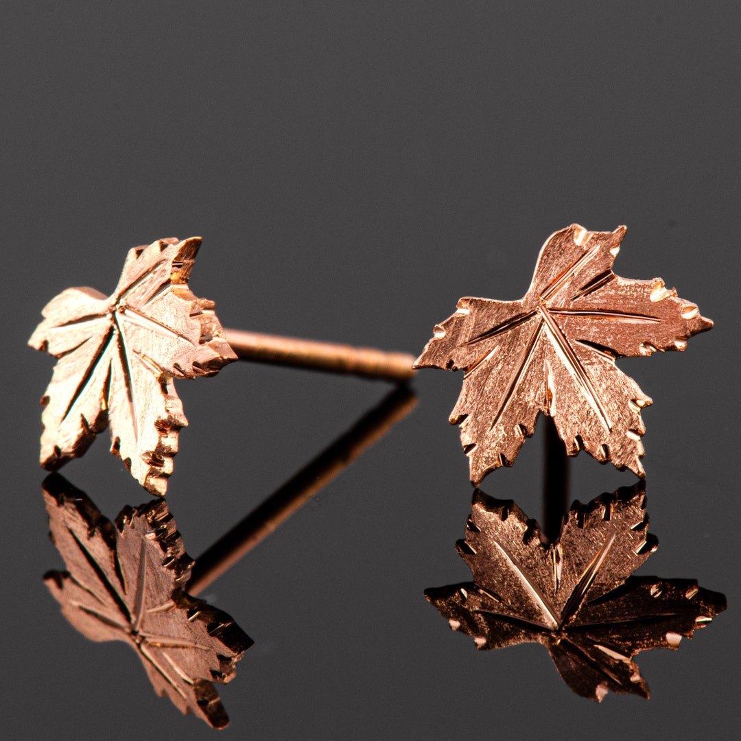 18k Rose Gold Maple Leaf Small Stud Earrings - Etsy