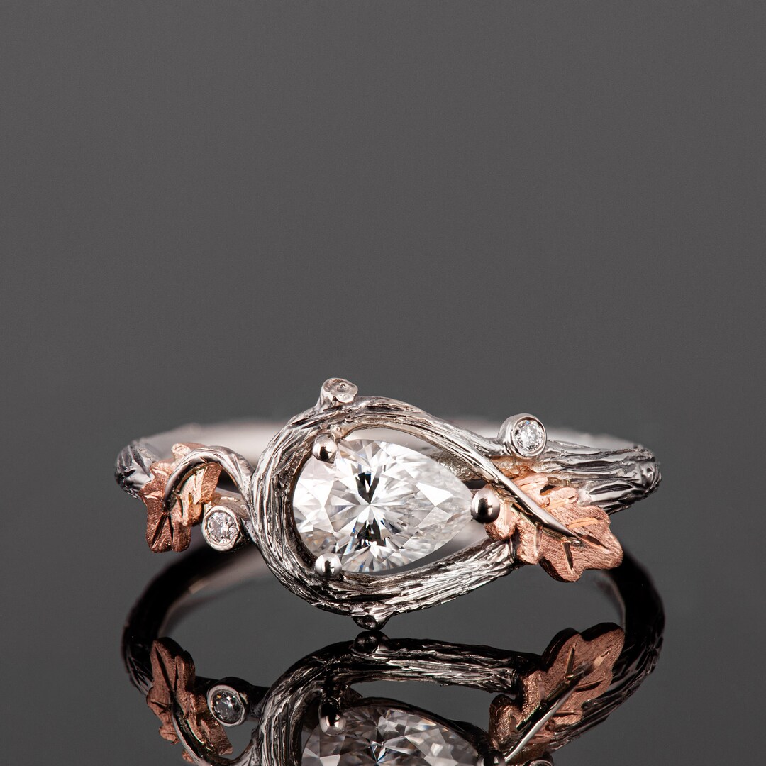 Twig and Oak Leaves Black Engagement Ring Set With Pear-shaped Diamond ...