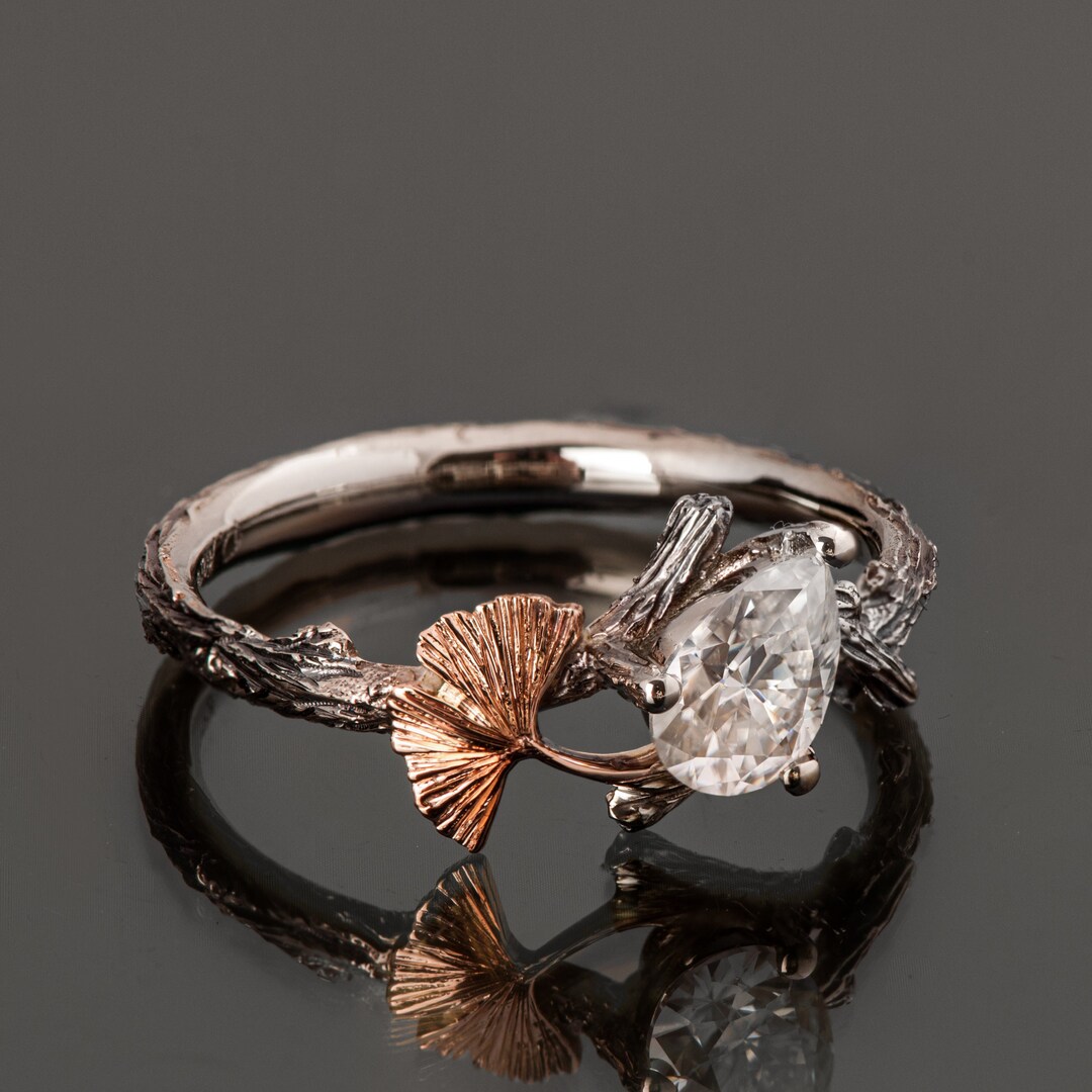 Twig and Ginkgo Leaf Engagement Ring, Tree Engagement Ring, Ginkgo Leaf Diamond Ring - Etsy